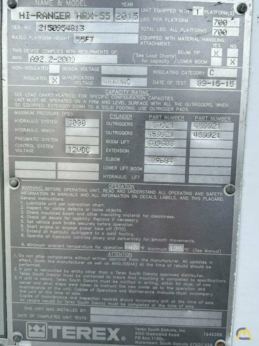 Terex Hi-Ranger HRX55 Bucket Boom on 2016 Freightliner M2-106 4x2 Reg ...